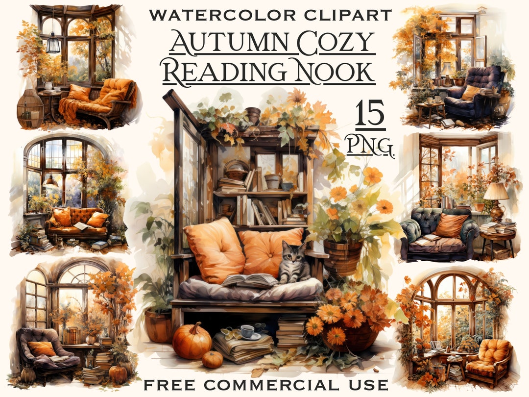 Fall Reading Nook Png Bundle, Cozy Book Nook Clipart, Watercolor Book ...