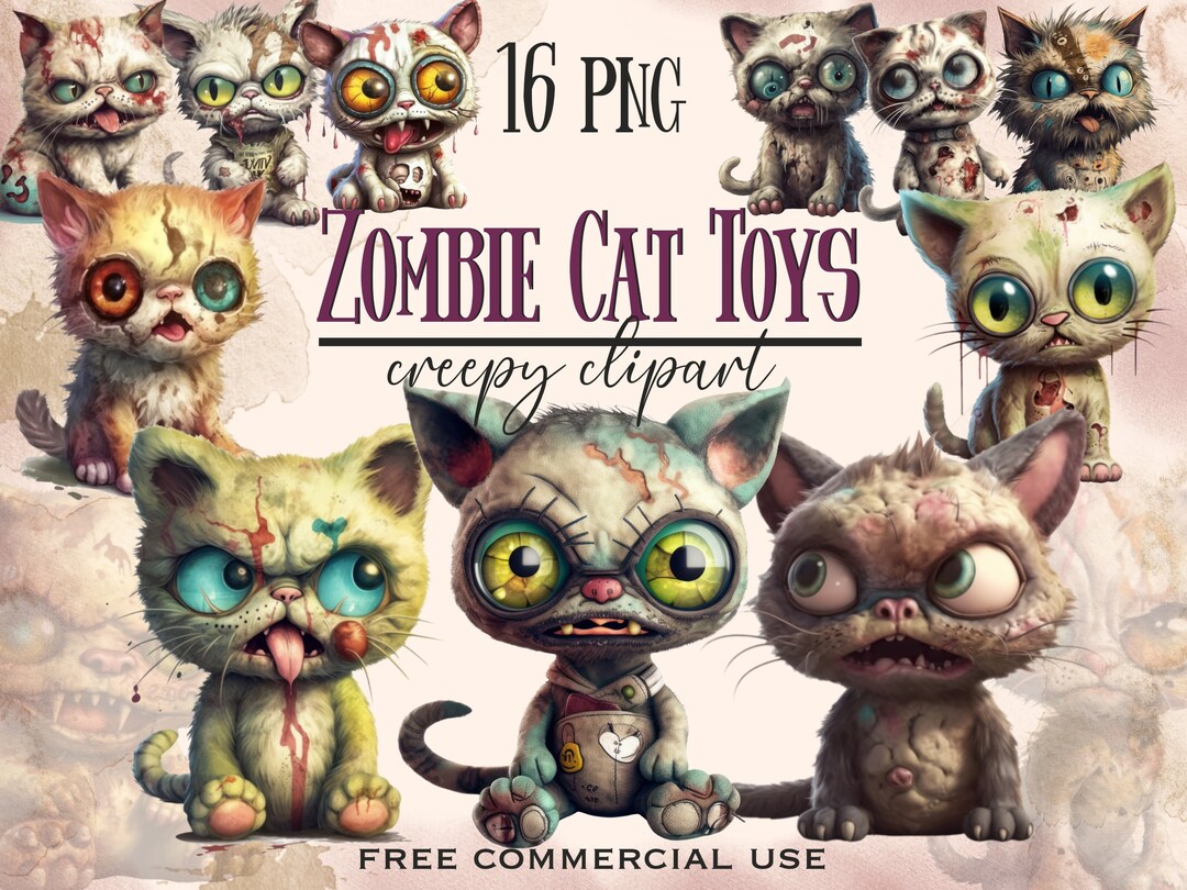 Zombie Cat Toy Clipart, Funny Halloween Plush Zombies Kitten Png Bundle ...