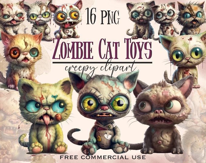 Zombie Cat Toy Clipart, Funny Halloween Plush Zombies Kitten Png Bundle ...