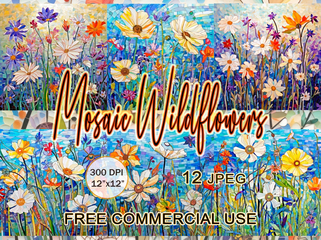 Wildflower Meadow Mosaic Clipart, Digital Mosaic Art Bundle ...