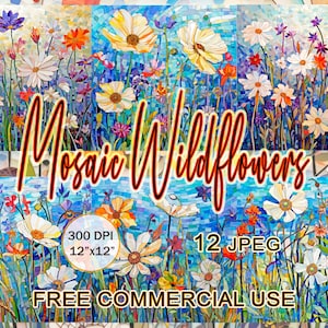 Wildflower Meadow Mosaic Clipart, Digital Mosaic Art Bundle, Wildflowers Clipart, Wild Flower ...