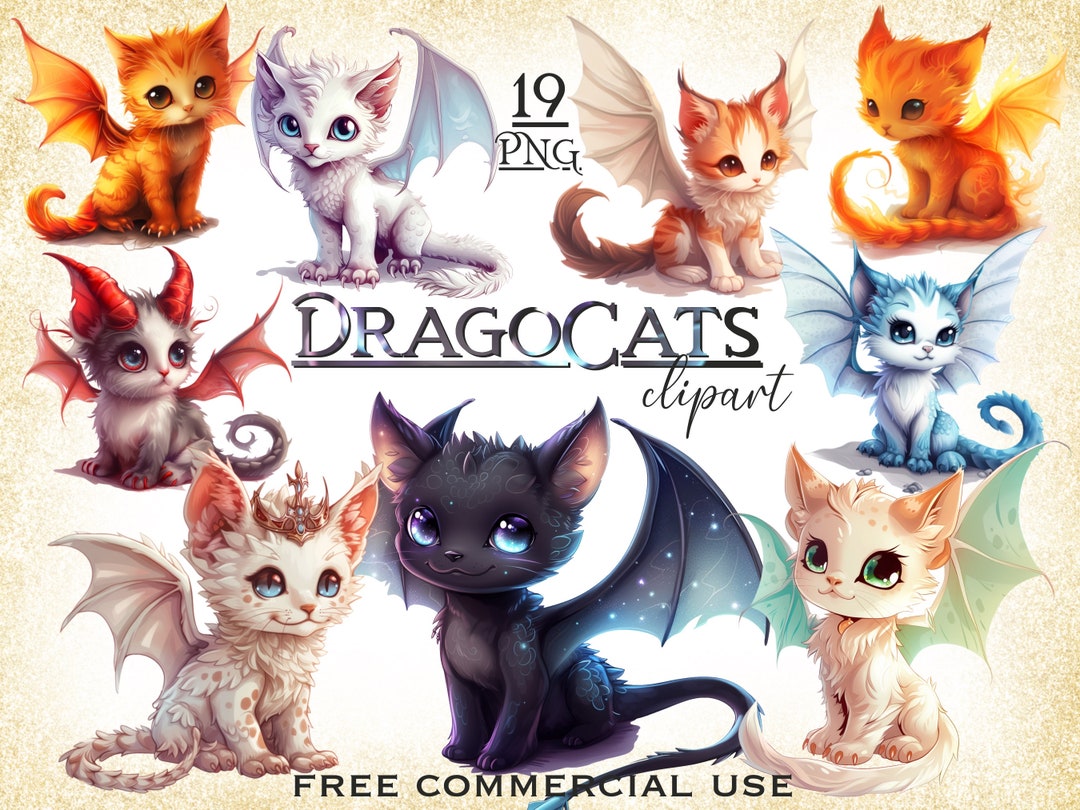 Cute Dragon Cat PNG Bundle, Baby Dragon Clipart, Cute Kitten Clipart, Fantasy Baby Animals Png ...
