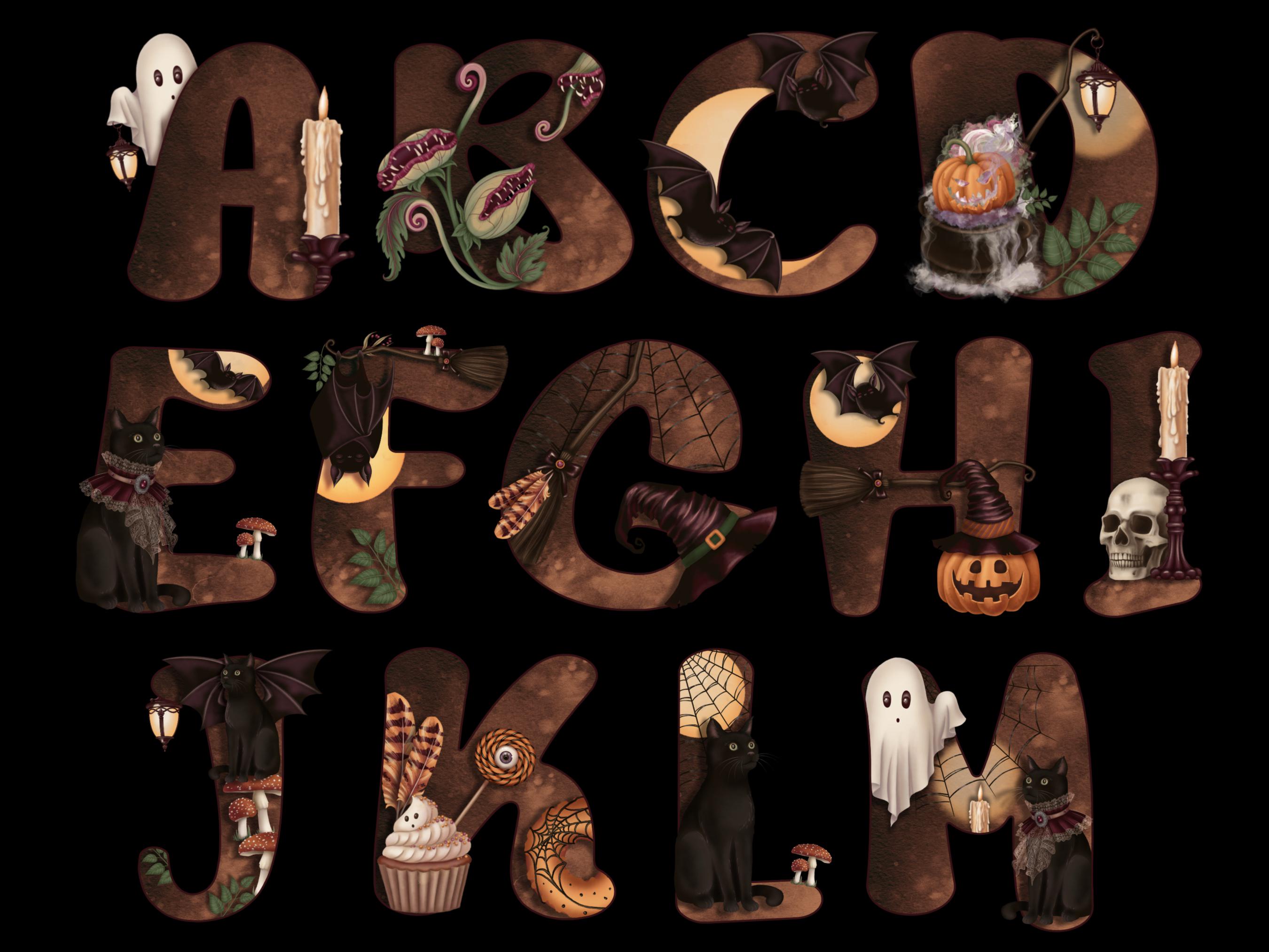 Cute Halloween Alphabet Clipart, Dark Aesthetic Hand Drawn Halloween ...