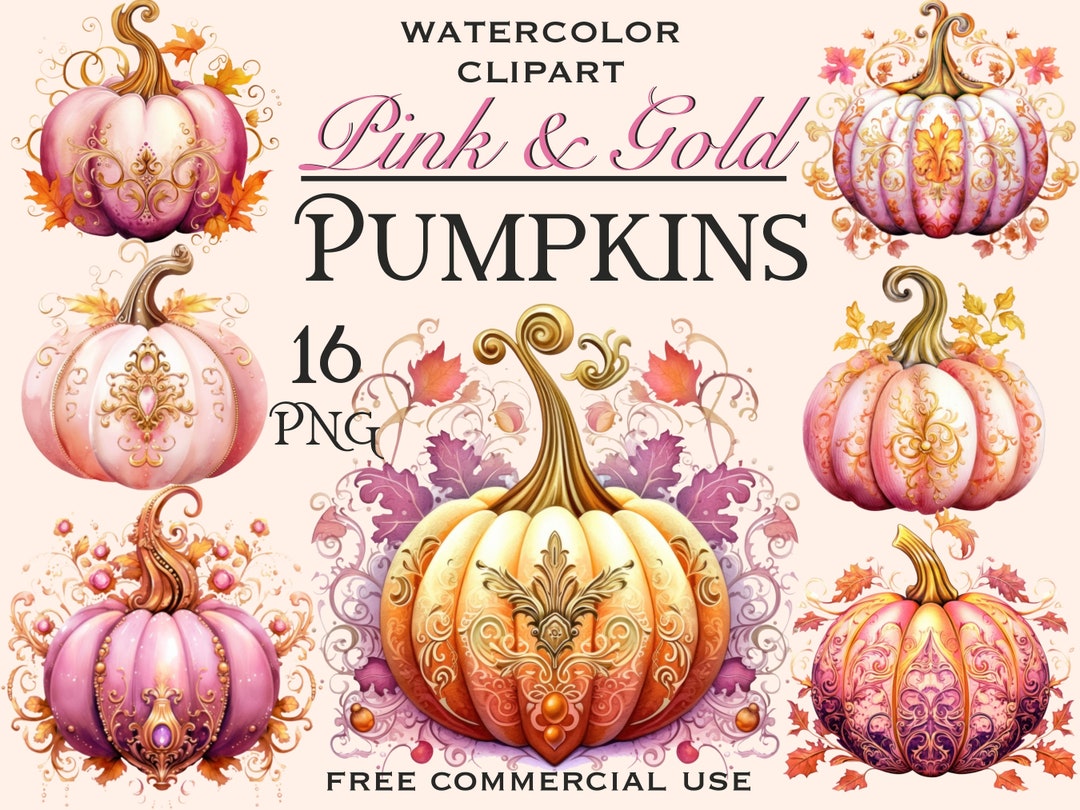 Pink and Gold Pumpkin Clipart, Watercolor Fall Png Images Bundle ...