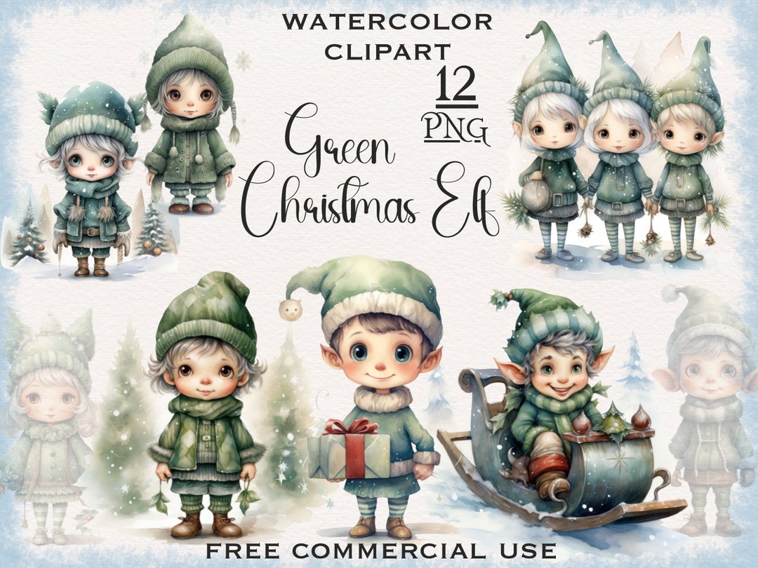 Green Christmas Elf PNG Bundle, Watercolor Christmas Clipart, Christmas ...