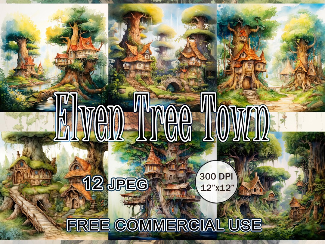Elven Tree Town Clipart, Watercolor Tree House Clipart, Fairy House ...