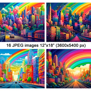 Futuristic Funky City Clipart, Rainbow Cityscape Printable Art ...