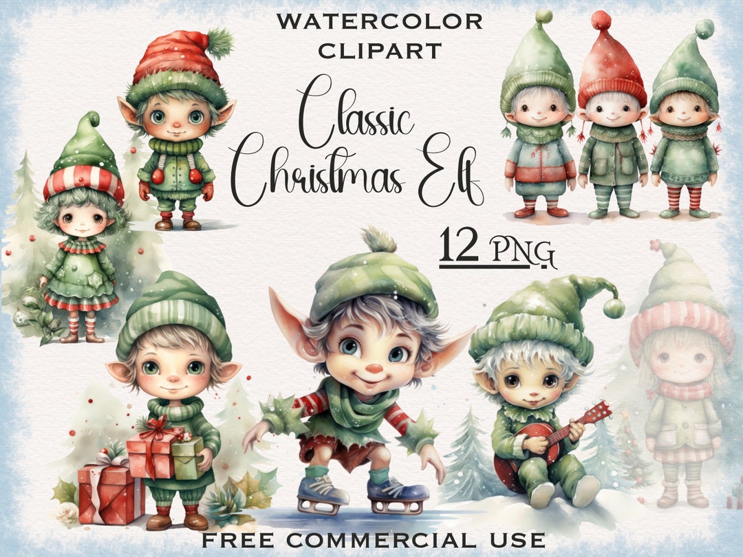 Classic Christmas Elf PNG Bundle, Watercolor Christmas Clipart, Holiday ...