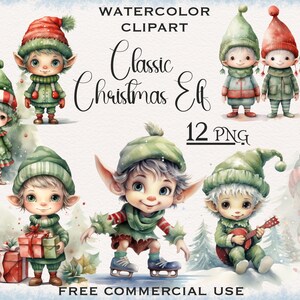 Classic Christmas Elf PNG Bundle, Watercolor Christmas Clipart, Holiday ...