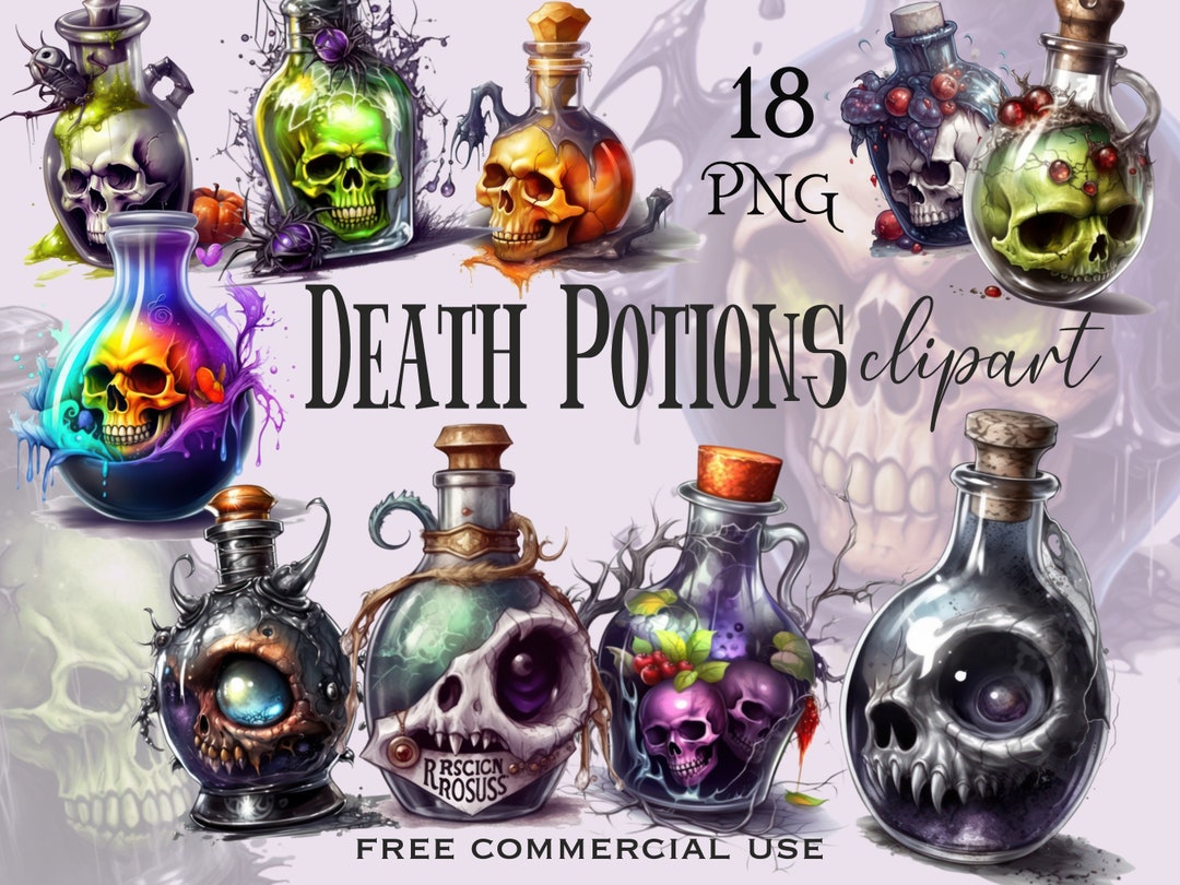 Death Potion Clipart, Halloween Witch Skull Poison Bottles, Witchcraft ...
