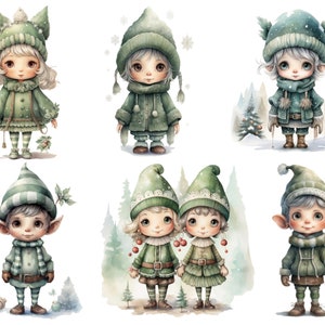 Green Christmas Elf PNG Bundle, Watercolor Christmas Clipart, Christmas ...