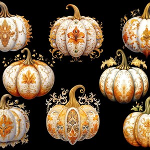 White and Gold Pumpkin Png, Watercolor Fall Clipart Bundle, Autumn ...
