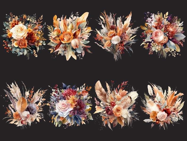 Fall Boho Bouquet Clipart, Floral Wedding Decor Png, Bridal Autumn ...