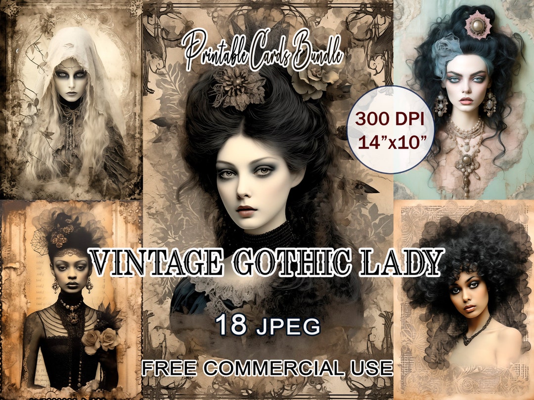 Vintage Gothic Lady Cards Bundle, Printable Gothic Ephemera, Vintage ...