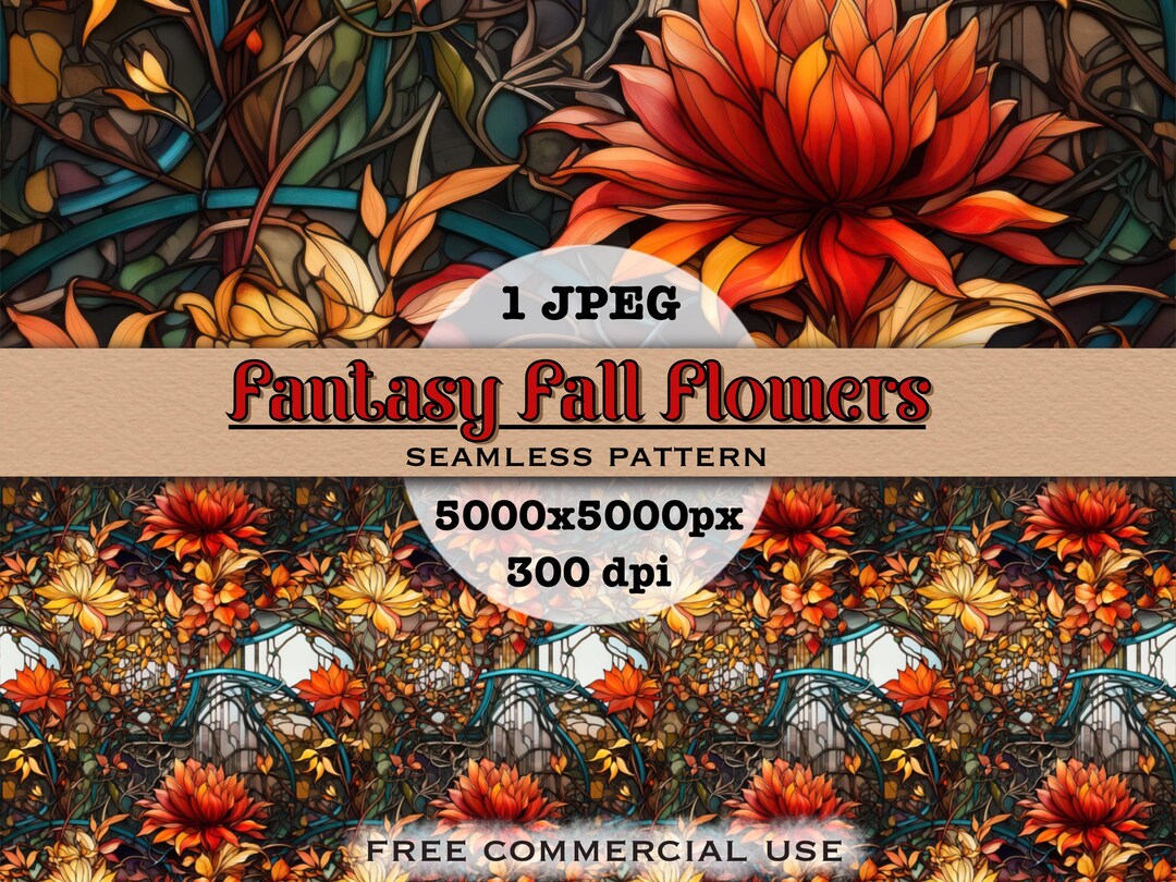 Fantasy Fall Flowers Seamless Pattern, Stained Glass Flower Digital ...