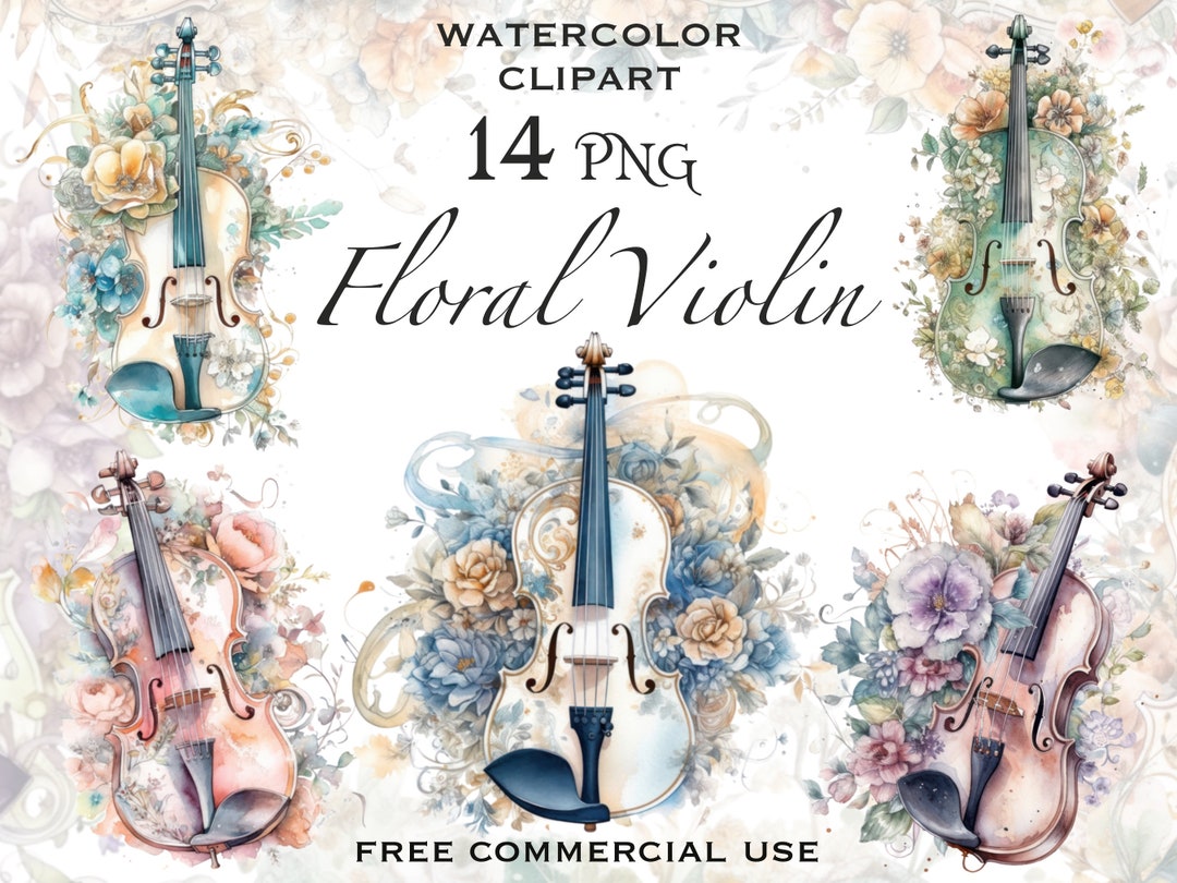 Watercolor Floral Violin Clipart, Musical Insruments Png Bundle, Music ...