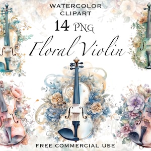 Watercolor Floral Violin Clipart, Musical Insruments Png Bundle, Music ...