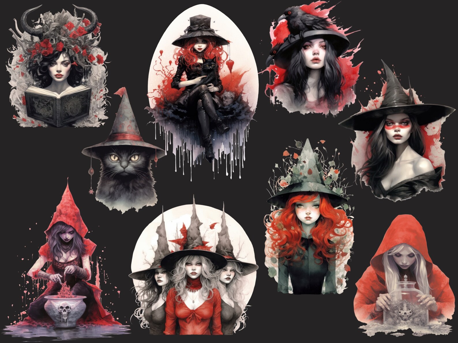 Red Witch Clipart, Practical Magic Png Bundle, Red & Black Witchcraft ...