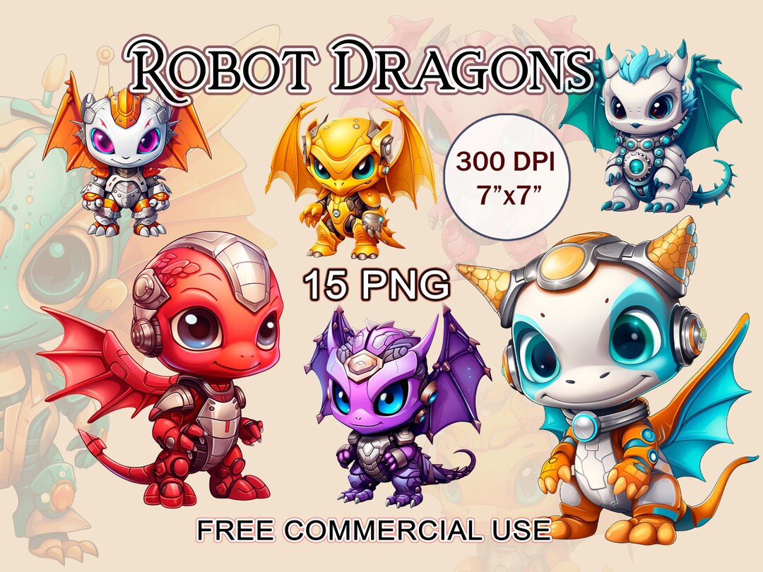 Dragon Robot PNG Bundle, Baby Dragon Clipart, Digital Dragon Art, Cute ...