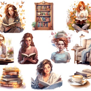 Bookworm Clipart, Watercolor Book Lover Png, Cute Reading Girls Images ...