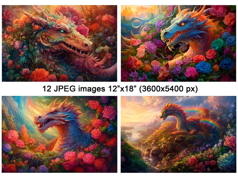 Floral Rainbow Dragon Clipart, Fairytale Landscape Clipart, Digital ...