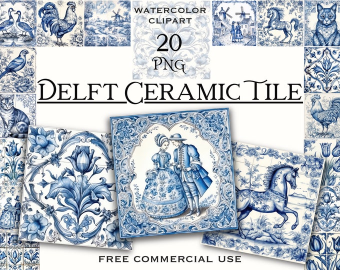 Delft Tiles Clipart, Delft Blue, Mediterranean Tile, Watercolor, Dutch ...