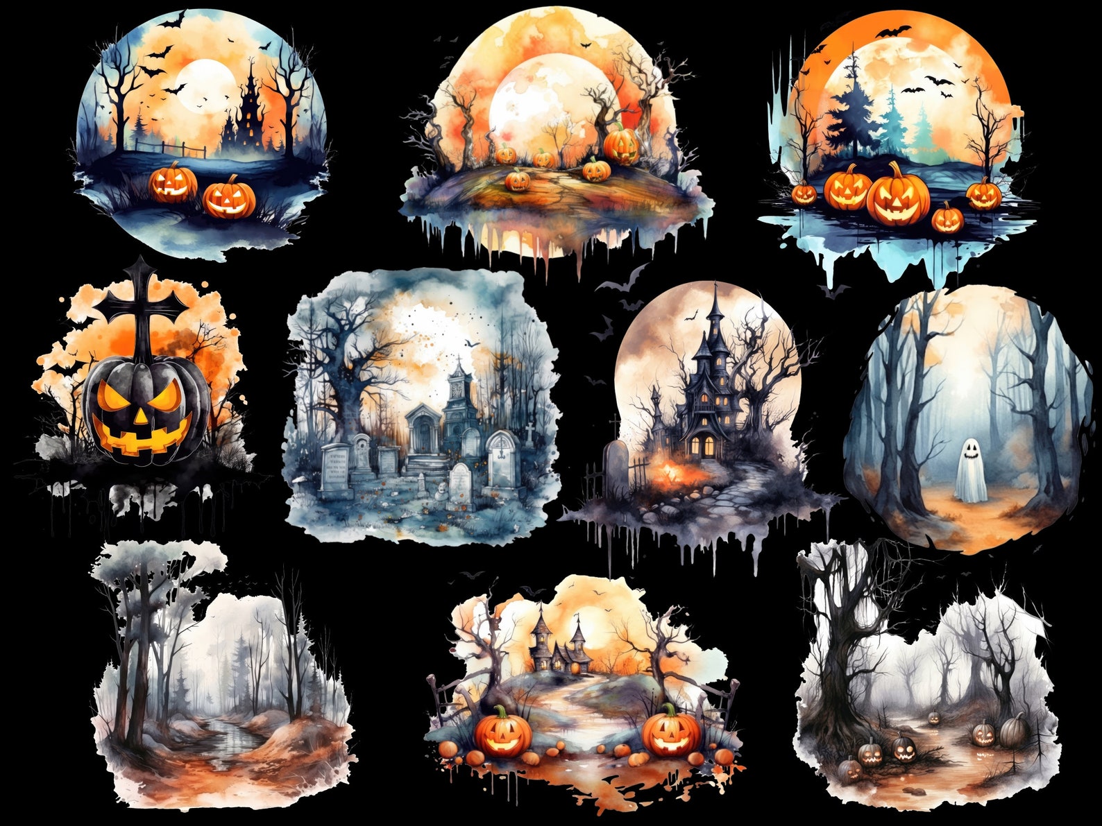 Watercolor Halloween Clipart, Spooky Png Bundle, Horror Overlay ...