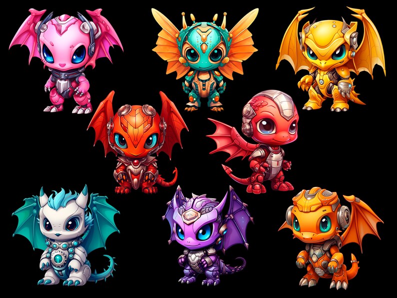 Dragon Robot PNG Bundle, Baby Dragon Clipart, Digital Dragon Art, Cute ...