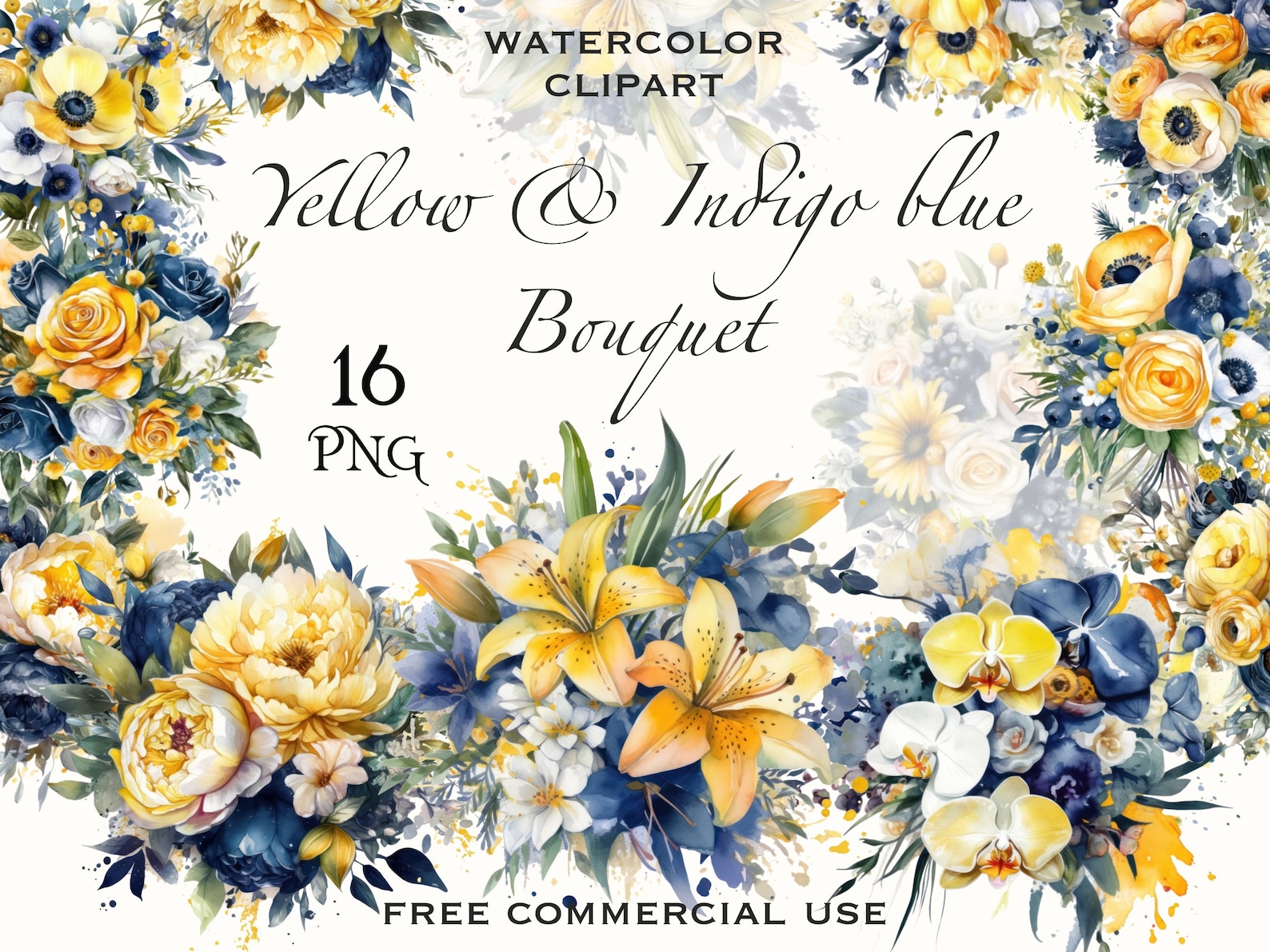 Yellow and Indigo Blue Watercolor Bouquets Clipart, Ranunculus Lily ...