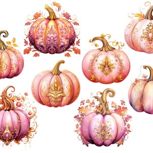 Pink and Gold Pumpkin Clipart, Watercolor Fall Png Images Bundle ...