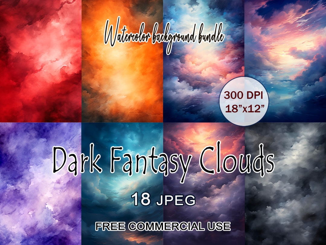 Dark Watercolor Clouds Background Bundle, Abstract Watercolor Painting ...