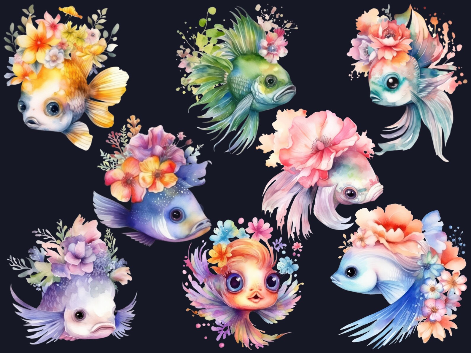 Watercolor Flower Fish Clipart, Cute Fish Clipart, Fish Png, Cute ...