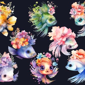 Watercolor Flower Fish Clipart, Cute Fish Clipart, Fish Png, Cute ...