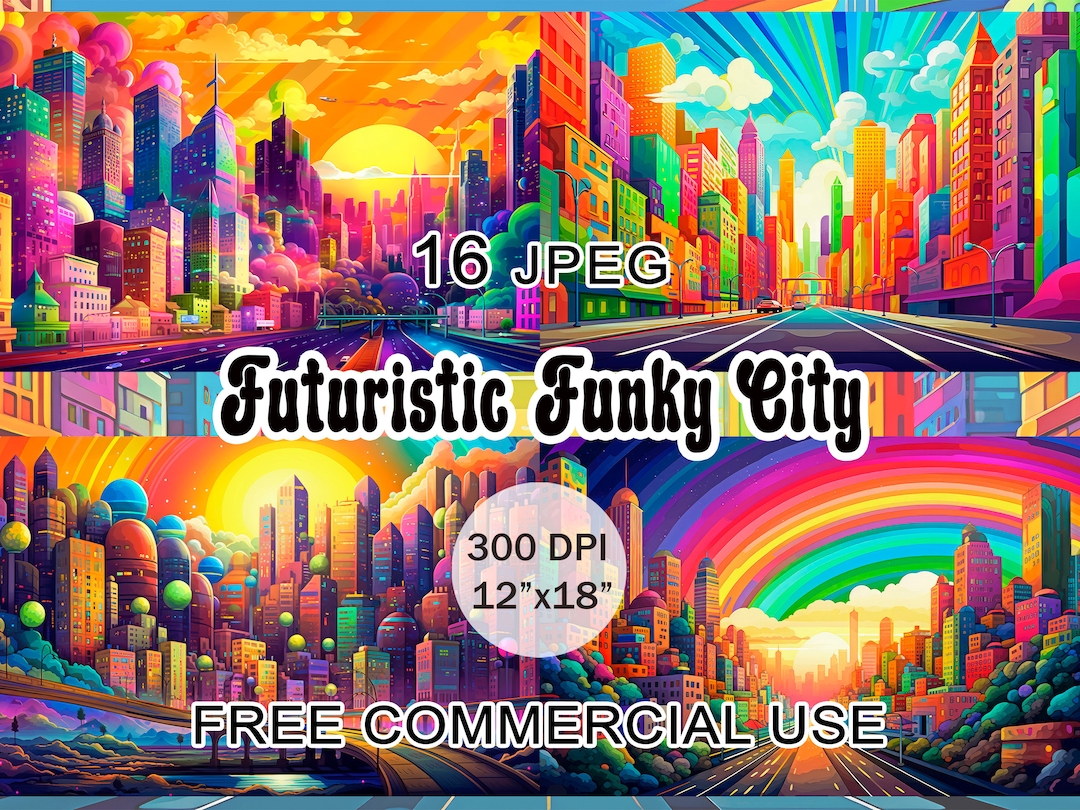 Futuristic Funky City Clipart, Rainbow Cityscape Printable Art ...
