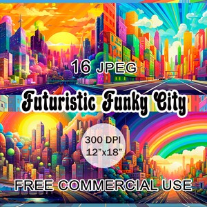 Futuristic Funky City Clipart, Rainbow Cityscape Printable Art ...