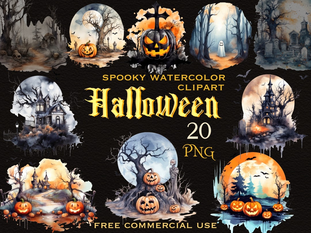 Watercolor Halloween Clipart, Spooky Png Bundle, Horror Overlay ...