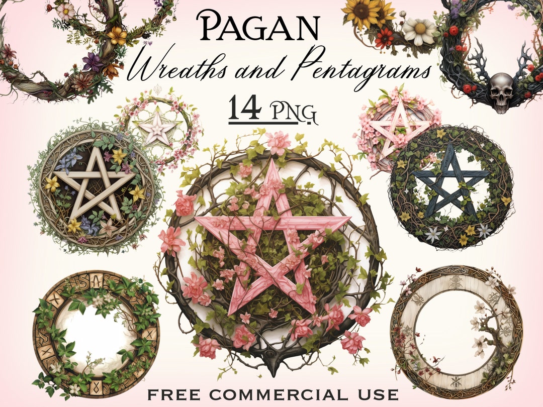 Pagan Wreath & Pentagram PNG Bundle, Watercolor Darc Occult Art ...