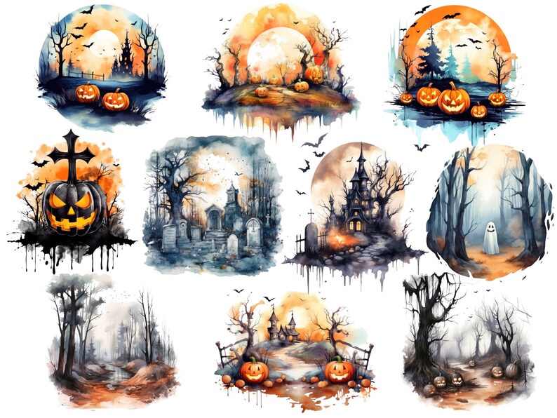 Watercolor Halloween Clipart, Spooky Png Bundle, Horror Overlay ...