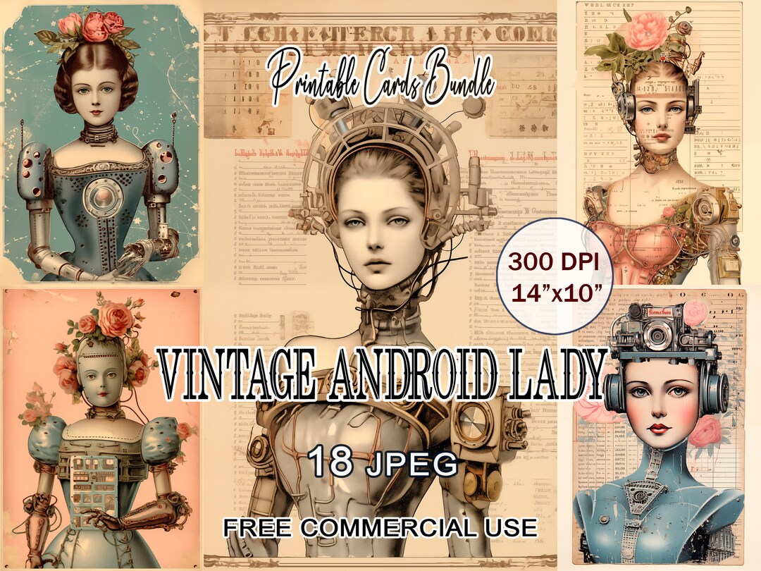 Vintage Android Lady Cards Bundle, Retro Robot Funny Card, Printable ...