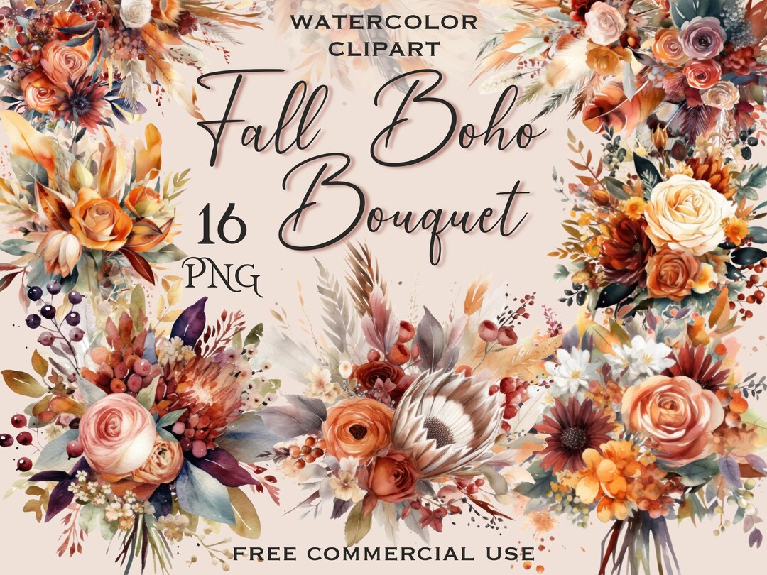 Fall Boho Bouquet Clipart, Floral Wedding Decor Png, Bridal Autumn ...