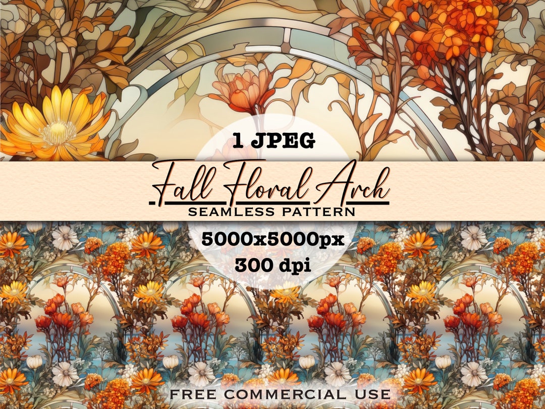 Fall Floral Arch Seamless Pattern, Stained Glass Flower Digital Paper ...