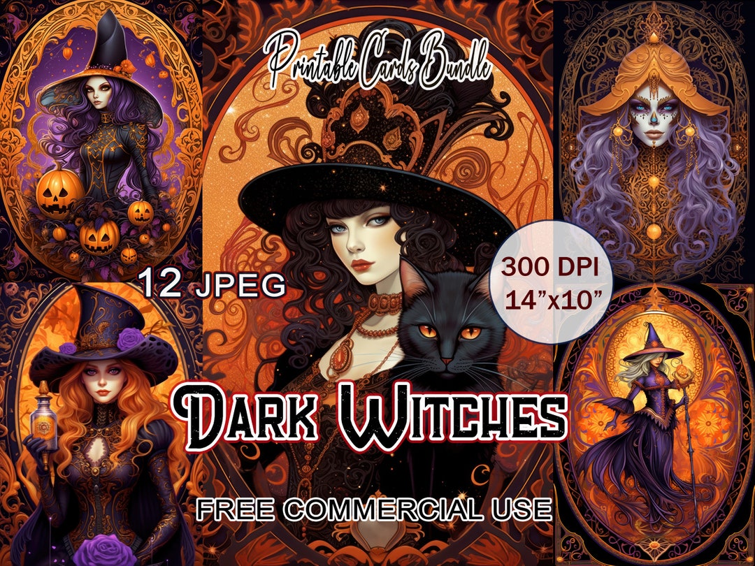 Dark Witches Clipart, Halloween Cards Bundle, Witchcraft Clipart ...
