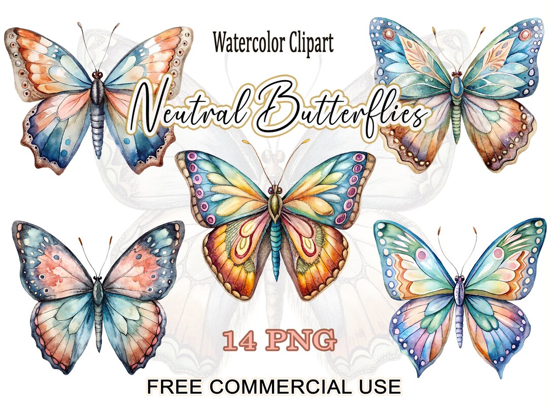 Neutral Butterfly PNG Bundle, Watercolor Butterflies Clipart, Pastel ...