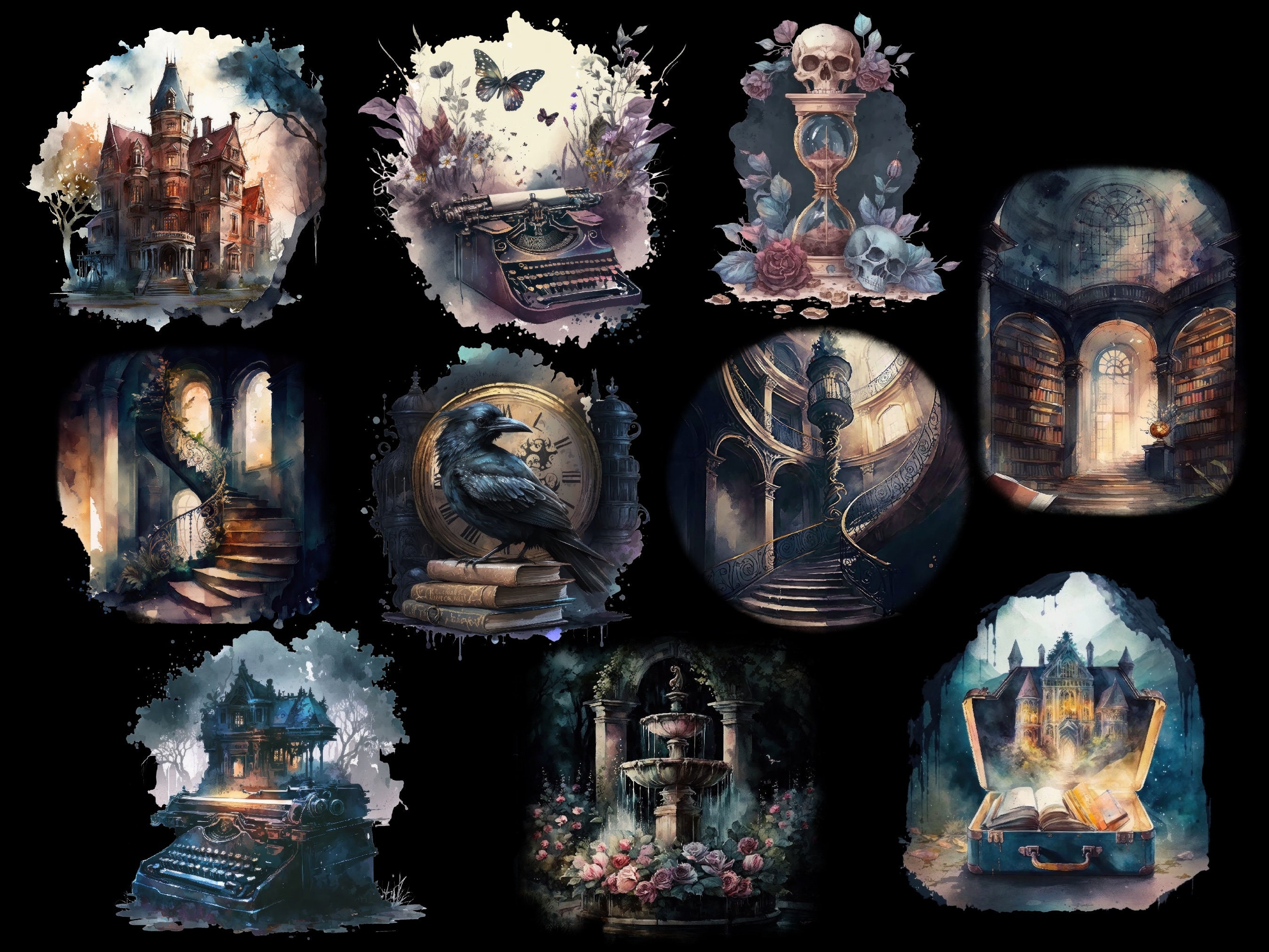 Dark Academia Art, Gothic Clipart, Dark Academia Bundle, Dark Art, Reading Clipart, Spiritual ...
