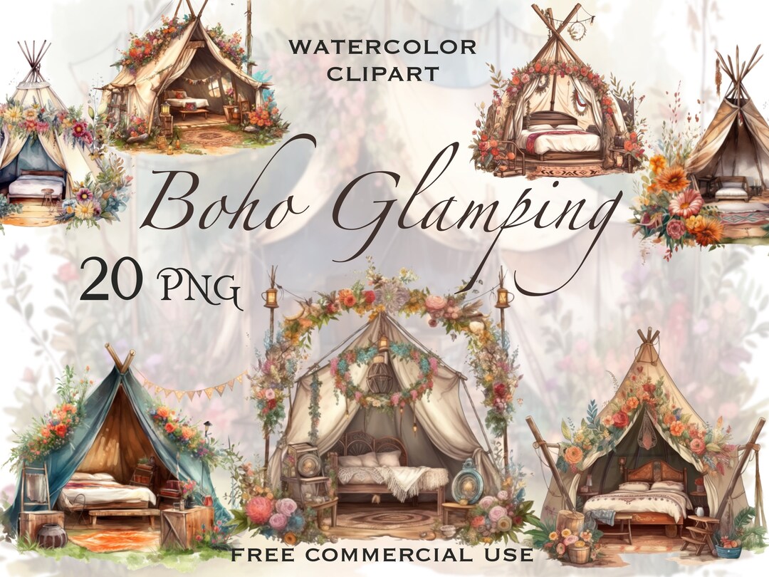 Boho Glamping Clipart, Watercolor Clipart, Camping Clipart, Glamping ...