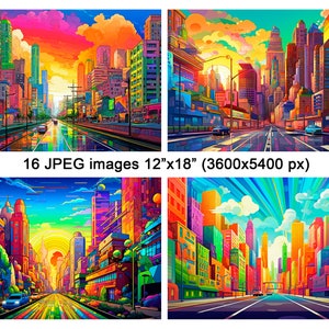 Futuristic Funky City Clipart, Rainbow Cityscape Printable Art ...