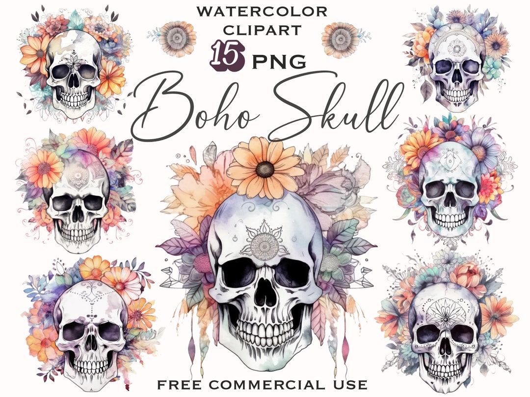 Watercolor Boho Skull Clipart, Boho Floral Skulls Png Bundle ...