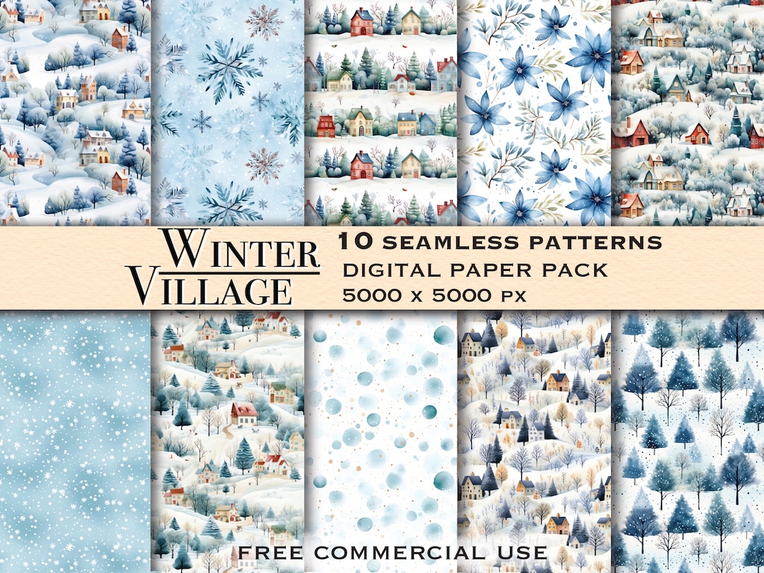Winter Village Seamless Pattern Bundle, Snowy Landscape Images, Winter ...