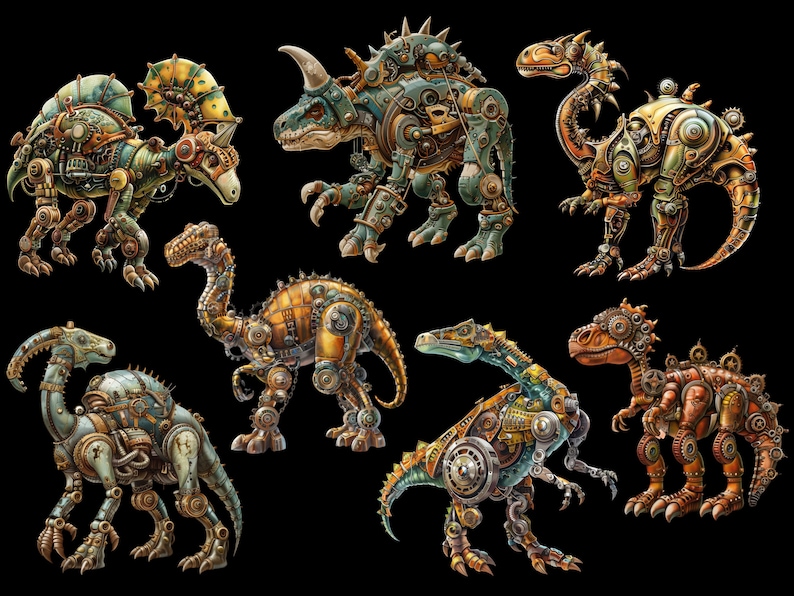 Steampunk Dinosaur PNG Bundle, Mechanical Dinosaur Clipart, Weird ...