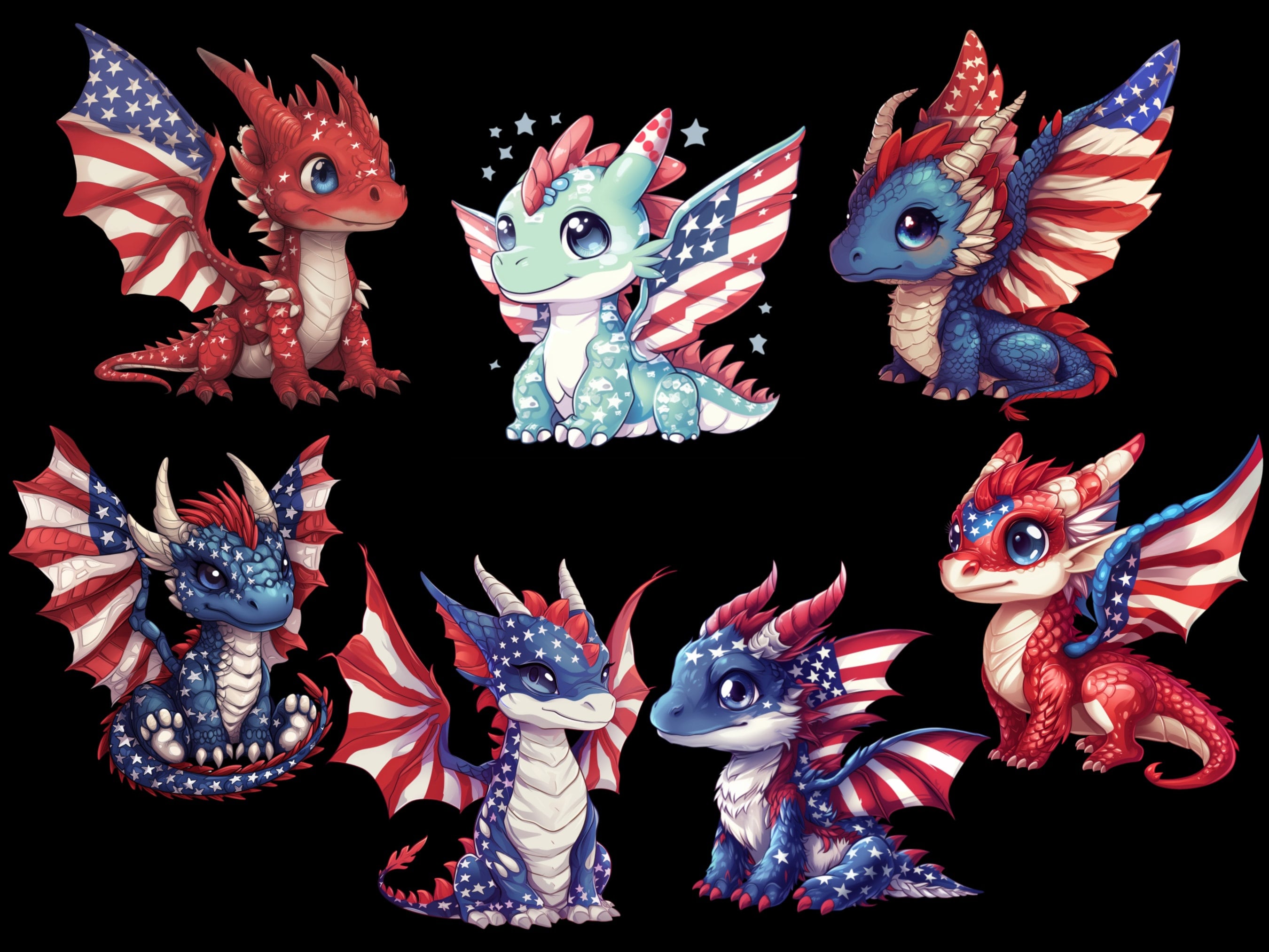 American Dragon PNG Bundle, American Flag Baby Dragon Clipart, Cute ...